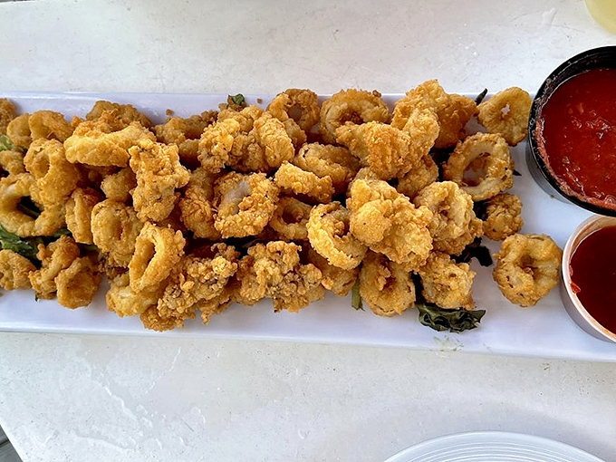 Golden-fried calamari rings achieve that perfect balance&mdash;crispy exterior giving way to tender interior&mdash;ready for dunking in marinara sauce.