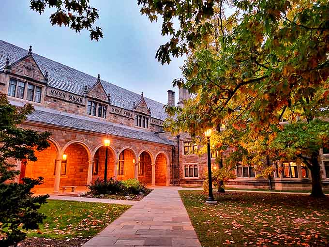 This covered walkway connects buildings within the Law Quad, offering students shelter from Michigan's notorious weather while maintaining architectural harmony.