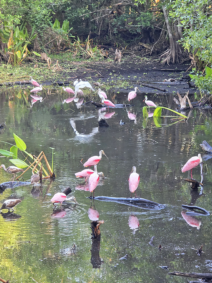 Roseate spoonbills gather like flamingo cousins at a family reunion, their pink plumage creating living art against the dark waters.
