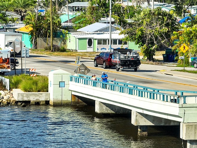 Life moves at bridge pace here &ndash; locals fishing from Matlacha's iconic bridge, where catching nothing still counts as success.ng spot