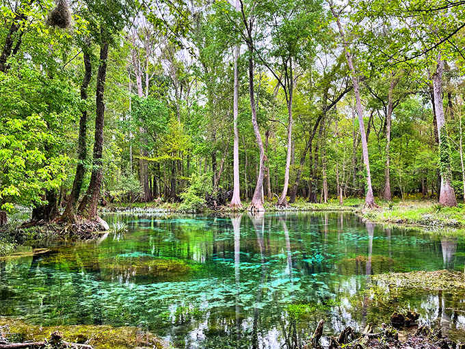 Ancient cypress trees stand guard around the spring's edge, their reflections dancing on the turquoise surface.