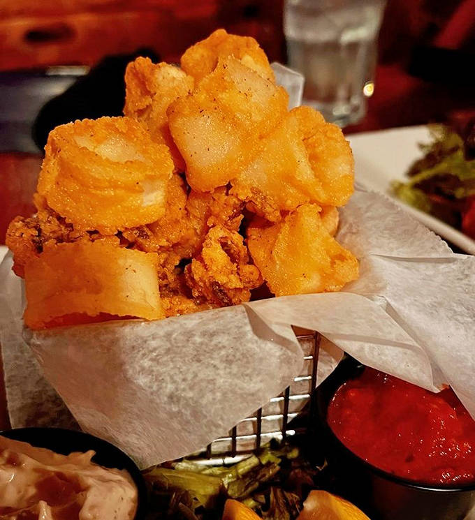 Calamari: Golden-fried calamari rings stack like delicious treasure, crispy on the outside, tender within &ndash; the kind of contraband Al Capone would have smuggled by the boatload.