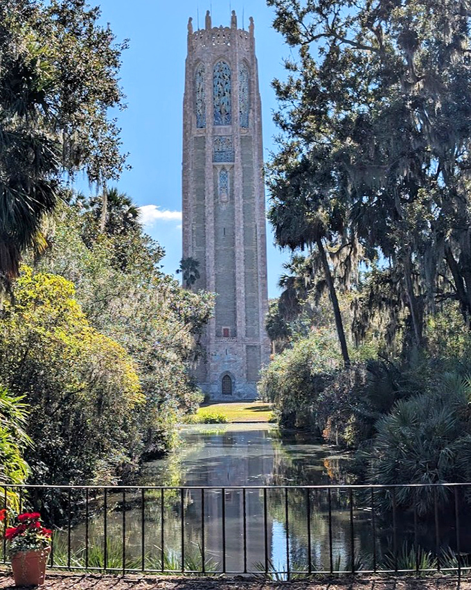 Bok Tower rises majestically above its gardens, a 205-foot carillon tower that seems transported from a European fairy tale to central Florida.