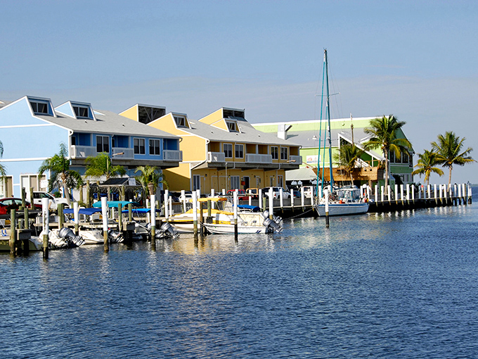 Punta Gorda's colorful waterfront buildings create a vibrant harbor scene, with boats docked alongside restaurants and shops.