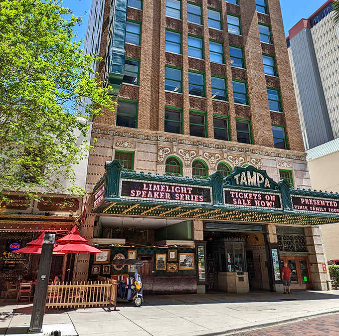The Tampa Theatre's ornate exterior marquee invites moviegoers into one of Florida's most beautiful&mdash;and reportedly haunted&mdash;historic theaters.