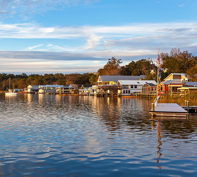The charming waterfront of Mount Dora embraces Lake Dora, where boats bob gently at their moorings waiting for their next adventure.