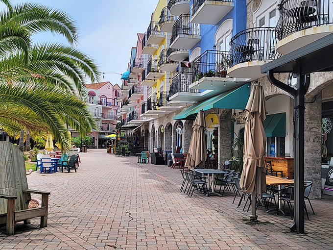 The pedestrian-friendly promenade at European Village features shops and restaurants with distinctive Old World architecture and inviting outdoor seating.