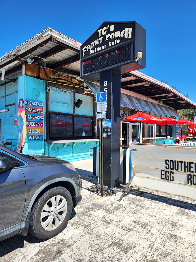 The outdoor seating at TC's offers the perfect spot to enjoy breakfast with a breeze. That vintage sign has guided hungry travelers to memorable meals for years!