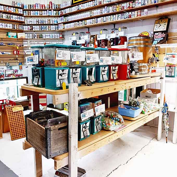 Vintage candy dispensers line up like colorful sentinels, guarding sweet memories of corner stores and pocket change from decades past.