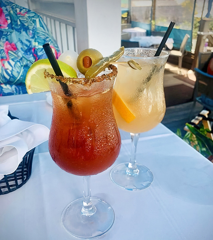 Cocktails that dress better than most people at formal events. That Bloody Mary is wearing garnishes like jewelry at the Oscars.