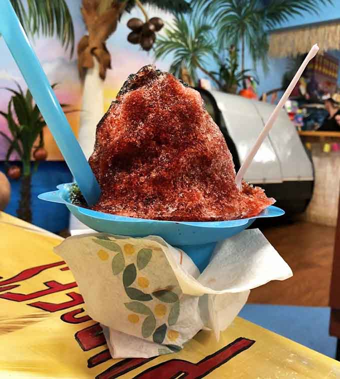 Hawaiian Shaved Ice towers like a colorful mountain of sweet relief, providing the perfect antidote to Florida's relentless humidity and heat.