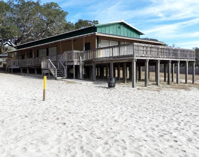 Sandy shores and sturdy construction make this pavilion the perfect basecamp for lakeside adventures &ndash; just add sunscreen and snacks!