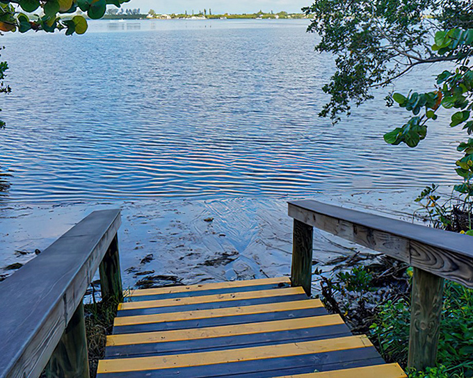 These wooden steps lead to moments of quiet discovery &ndash; each weathered plank a reminder of countless footsteps seeking the same peace.