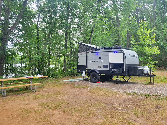 Camping with a view &ndash; where morning coffee tastes infinitely better with this lakeside scenery as your breakfast companion.