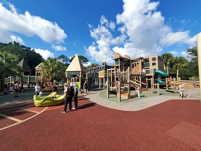 Playground panorama: The sprawling wooden structure offers multiple levels of adventure, with each tower and platform promising new discoveries.