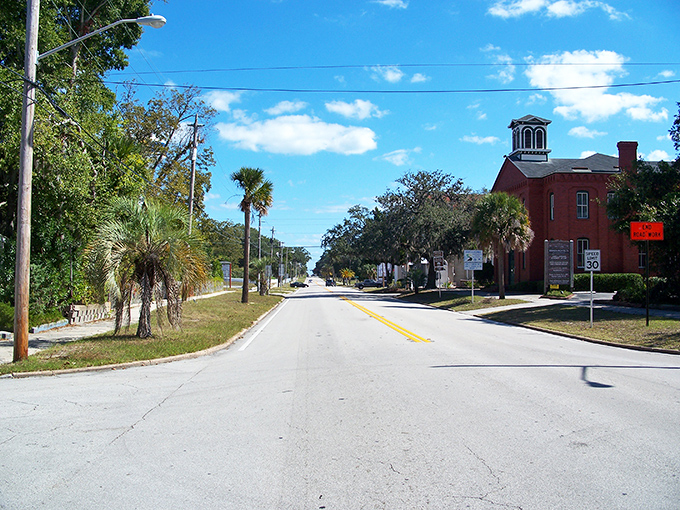 Fernandina Beach's main thoroughfare showcases the town's red brick charm, with palm trees standing sentinel along this historic corridor.