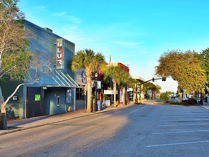 The colorful storefronts of downtown Dunedin welcome visitors to this walkable Scottish-influenced community on Florida's Gulf Coast.