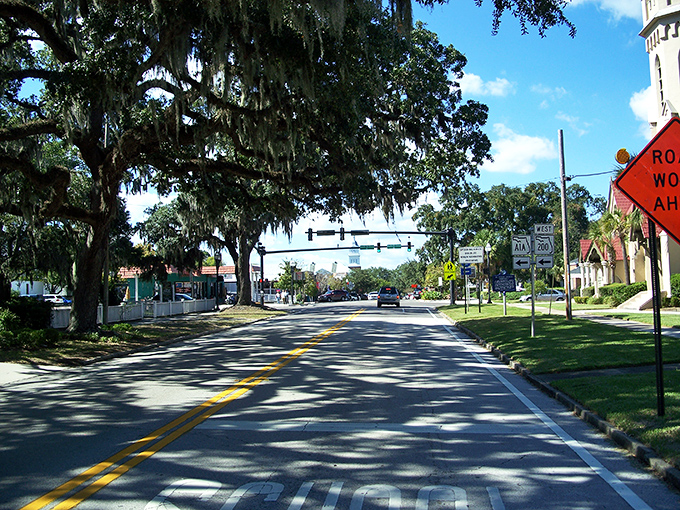 Spanish moss drapes over ancient oaks along Fernandina Beach's wide avenue, creating dappled shadows that dance across the pavement.