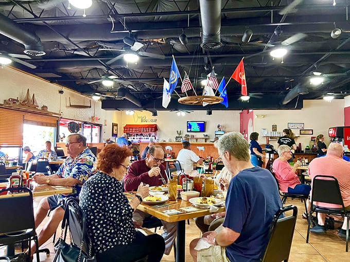 The dining room keeps things casual and comfortable, perfect for lingering over coffee and contemplating a second helping of biscuits.