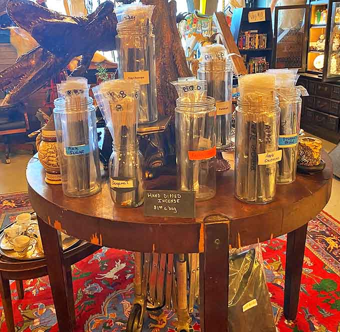 Aromatic alchemy happens here, where hand-dipped incense sticks stand like fragrant soldiers, ready to transform any space with their exotic scents.