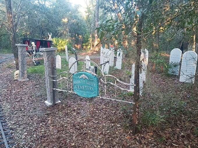 The "Haunted Valley Cemetery" adds a playful touch of the macabre during Halloween season, proving that even tiny trains can deliver big thrills.