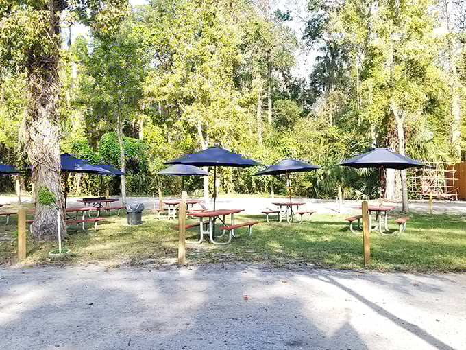 Picnic perfection under shady umbrellas &ndash; because even adventurers need to refuel before tackling more of nature's water park.