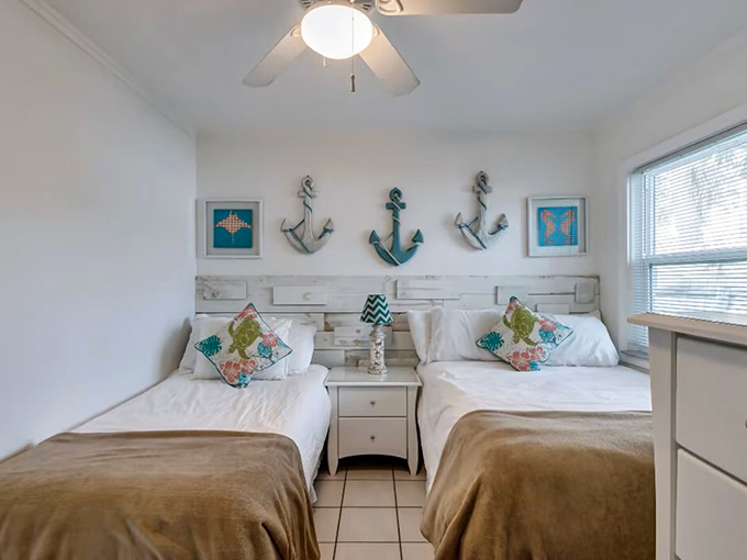 Nautical dreams guaranteed in this twin bedroom where young sailors can rest after a day of adventure.