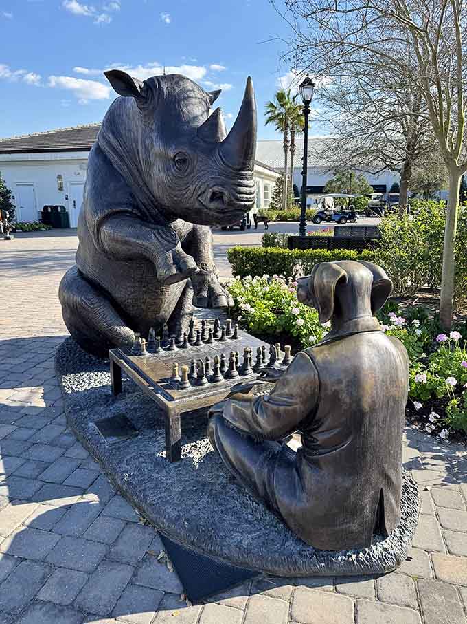 A rhino contemplating chess moves with a dog might be the most delightfully absurd sculpture you'll encounter, and that's saying something at this place.