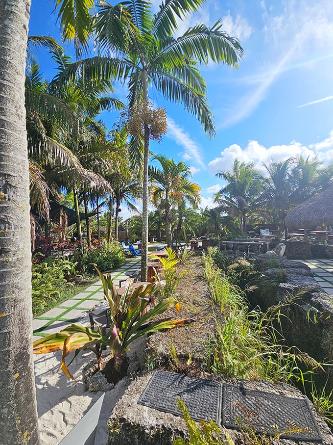 Stone pathways meander through lush tropical gardens, where every turn reveals another perfect spot to unfurl your beach towel.