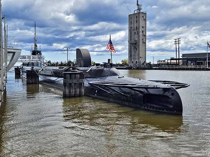 The USS Cobia's bow cuts through Manitowoc's harbor waters, a far cry from her hunting grounds in the Pacific.
