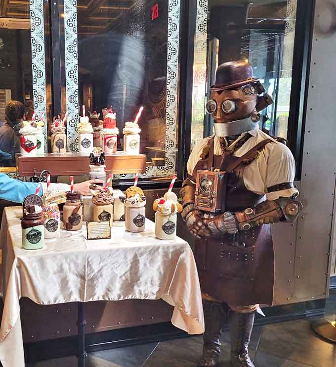 The servers don't just deliver food&mdash;they deliver an experience in full steampunk regalia, complete with brass goggles, mechanical accessories, and Victorian charm.