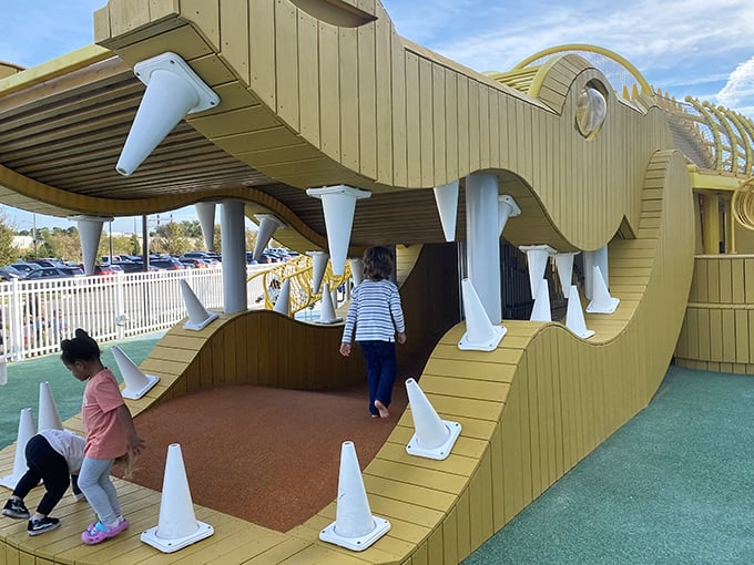 The infamous alligator playground invites brave souls to venture between its traffic cone teeth, Florida's version of "look mom, no hands!"