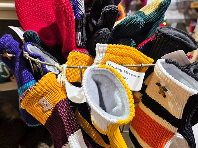 Hockey mittens hang like colorful memories of frozen ponds, neighborhood games, and that magical moment when you finally scored a goal.