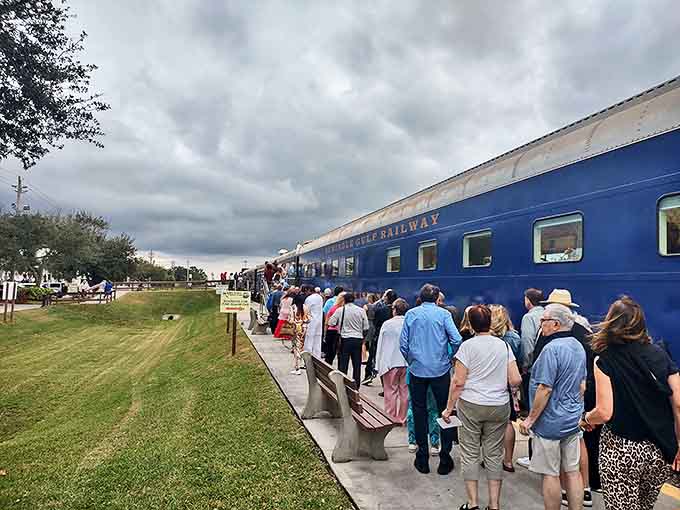 Passengers queue with anticipation, tickets in hand, ready to board a journey where dinner comes with a side of suspense.