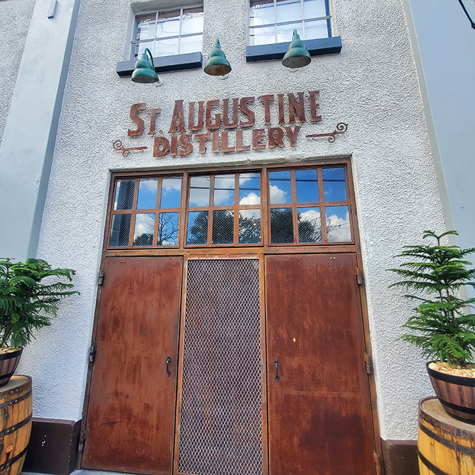 The entrance to St. Augustine Distillery welcomes visitors to free tours showcasing the art of small-batch spirit making in America's oldest city.