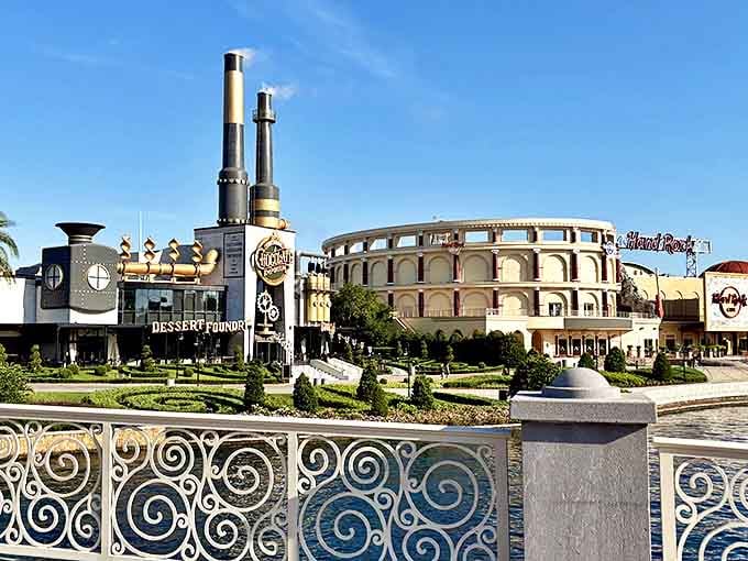 The magnificent steampunk exterior of Toothsome Chocolate Emporium stands like a Victorian chocolate factory transported from another era, complete with towering smokestacks and gleaming copper details.