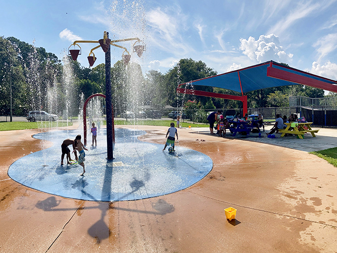 Water erupts from colorful fountains at Alachua's Splash Park, where children dance through sprays under the watchful eye of a bright Florida sky.