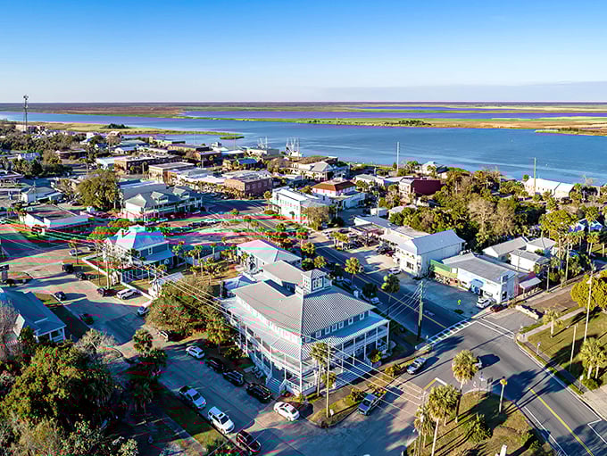 Aerial view of Apalachicola where the river meets the bay&mdash;nature's perfect seafood incubator creating Florida's most celebrated oysters.