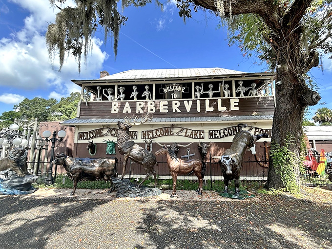 Welcome to wonderland! Barberville's entrance feels like stumbling into an artistic fever dream where metal animals throw the world's quirkiest welcome party.