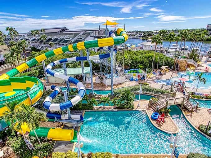 Those towering slides twist against the sky like a roller coaster designer's fever dream, promising thrills that'll make your stomach do backflips.