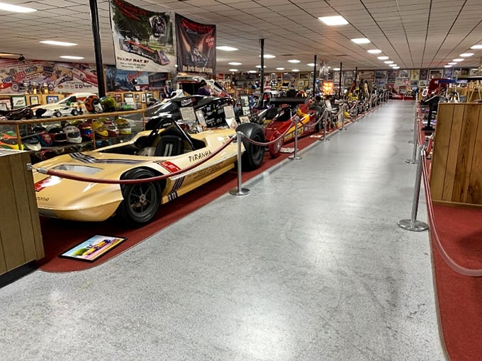 A gleaming lineup of historic dragsters stretches into the distance, each one a chapter in speed's evolution story.