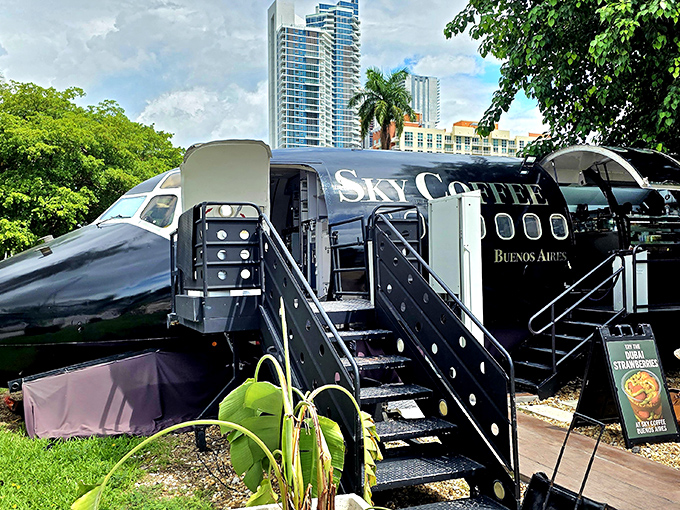 The sleek black exterior of Sky Coffee Buenos Aires stands ready for boarding, no TSA line required!
