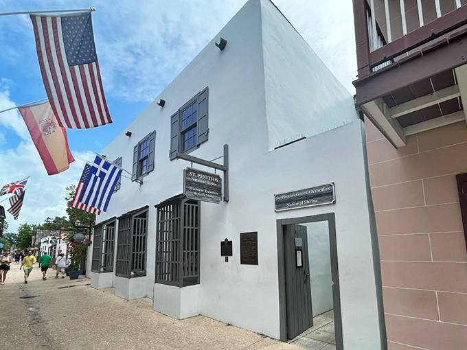 The pristine white exterior of St. Photios Shrine stands in stark contrast to St. Augustine's colonial architecture, like Greece decided to vacation in Florida permanently.
