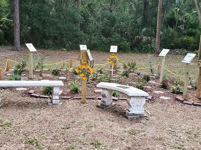 Nature's welcome mat looks better than anything you'll find at a home goods store, complete with ornamental benches.