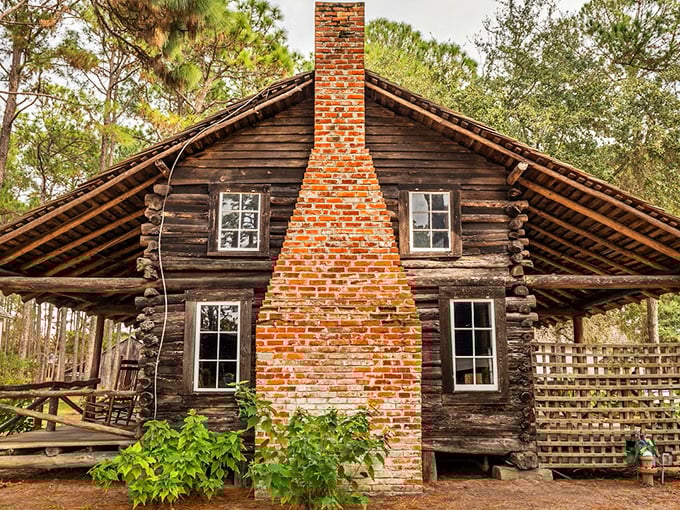 The McMullen-Coachman Log Cabin stands as a rugged testament to pioneer life, its weathered logs and brick chimney whispering stories of Florida's frontier days.