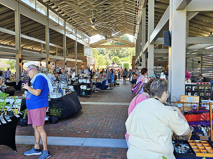 The Depot's grand entrance welcomes visitors with indoor architectural charm and the promise of treasures within. History and commerce blend beautifully in this repurposed train station.