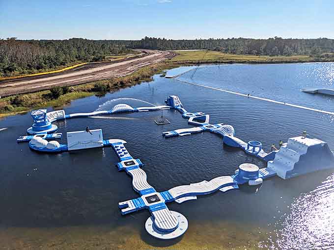 Aerial view of Nona Adventure Park's floating playground – where adults rediscover their inner child and children showcase their natural ninja abilities.