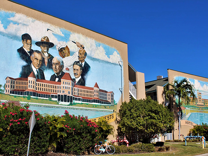 Punta Gorda's historic hotel springs to life in vivid color, where painted dignitaries seem ready to check in for the weekend.