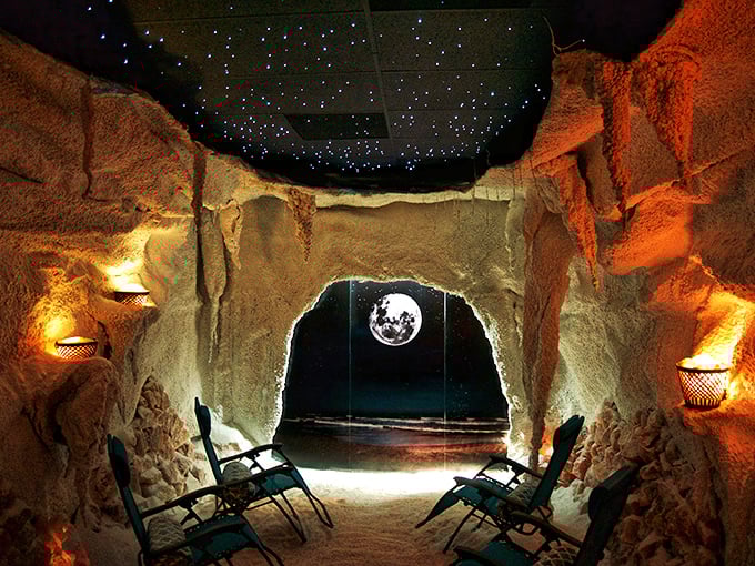 Step into another world: The magical entrance to the salt cave reveals a starry ceiling and moon-lit pathway.