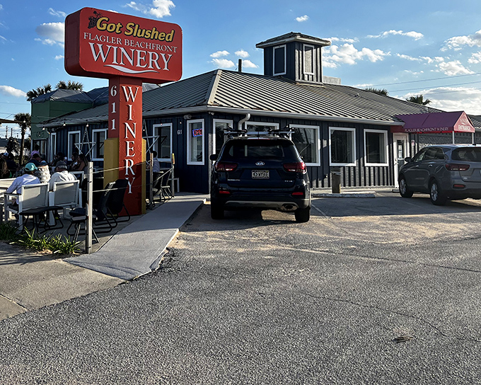 The "Got Slushed" sign beckons beach-goers like a siren call &ndash; promising wine adventures with ocean views at Flagler Beachfront Winery.